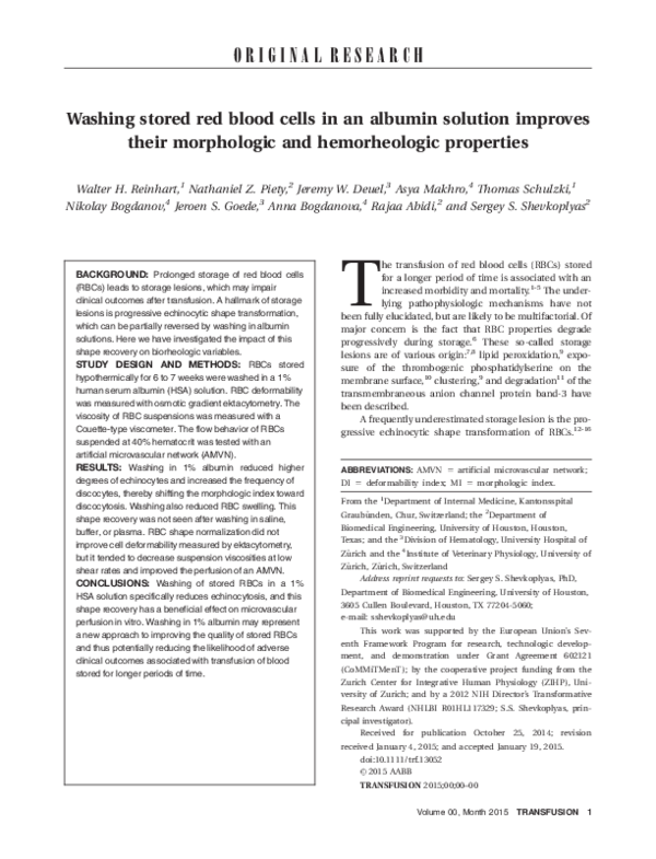 (PDF) Washing stored red blood cells in an albumin solution improves ...