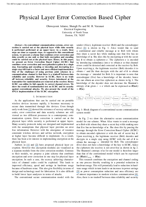 (PDF) Physical Layer Error Correction Based Cipher
