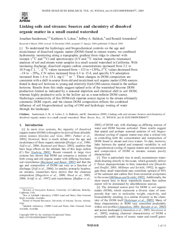 (PDF) Linking soils and streams: Sources and chemistry of dissolved organic matter in a small ...