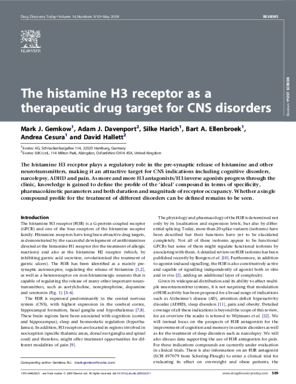 (PDF) The histamine H3 receptor as a therapeutic drug target for CNS ...