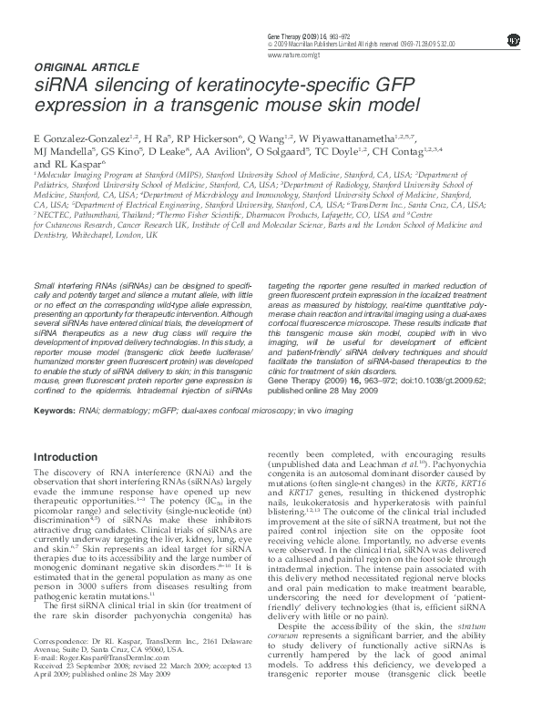 (PDF) siRNA silencing of keratinocyte-specific GFP expression in a transgenic mouse skin model