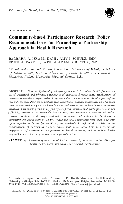 (PDF) Community-based Participatory Research: Policy Recommendations for Promoting a Partnership ...