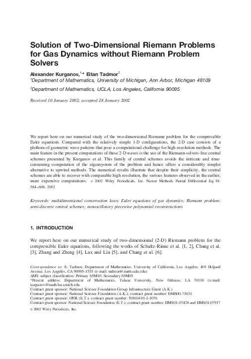 Pdf Solution Of Two Dimensional Riemann Problems For Gas Dynamics Without Riemann Problem Solvers