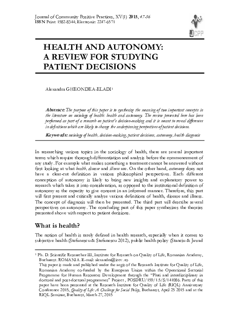 (PDF) Health and autonomy: a review for studying patient decisions