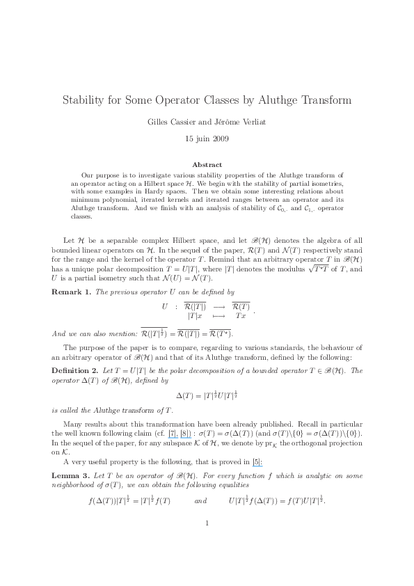 (PDF) Stability for Some Operator Classes by Aluthge Transform