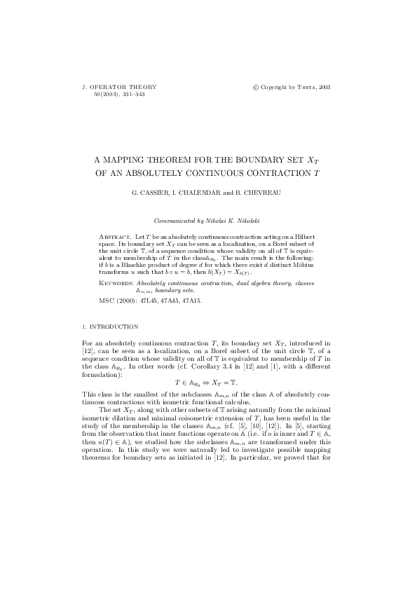(PDF) A Mapping Theorem for the Boundary Set XT of an Absolutely Continuous Contraction T