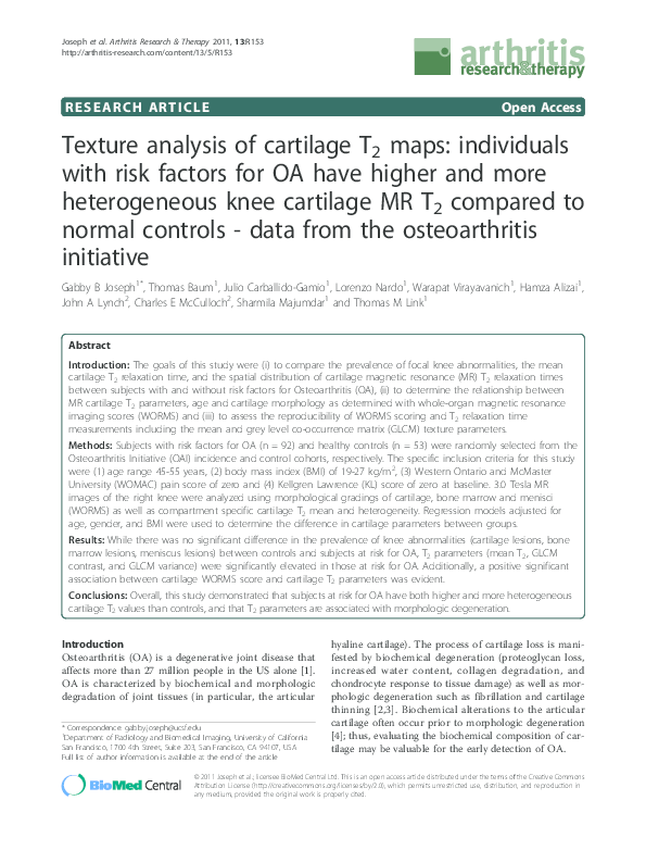 (PDF) Texture analysis of cartilage T2 maps: individuals with risk ...
