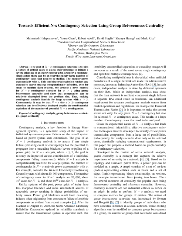(PDF) Towards Efficient N-x Contingency Selection Using Group betweenness Centrality