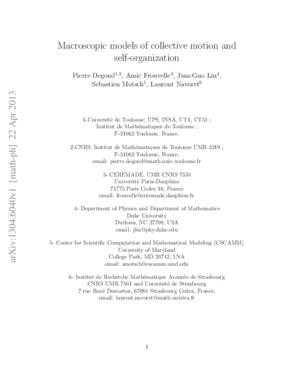 (PDF) Macroscopic models of collective motion and self-organization
