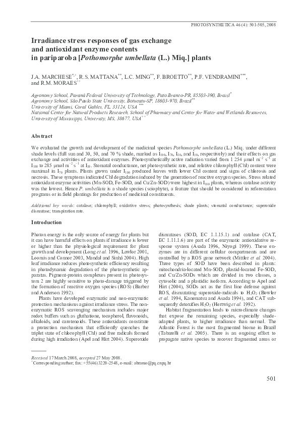 (PDF) Irradiance stress responses of gas exchange and antioxidant ...
