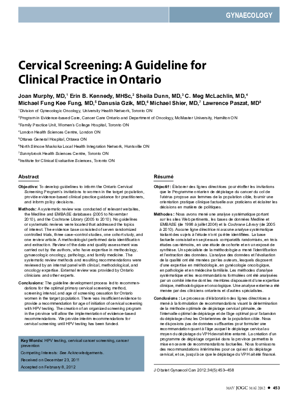 (PDF) Cervical screening: a guideline for clinical practice in Ontario