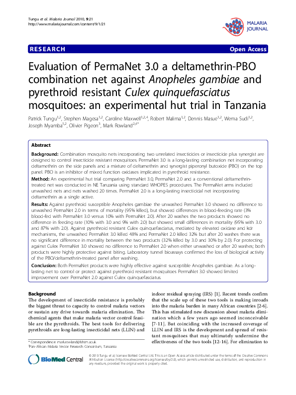 (PDF) Evaluation of PermaNet 3.0 a deltamethrin-PBO combination net against Anopheles gambiae ...