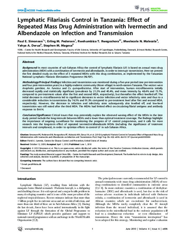 Pdf Lymphatic Filariasis Control In Tanzania Effect Of Repeated Mass Drug Administration With