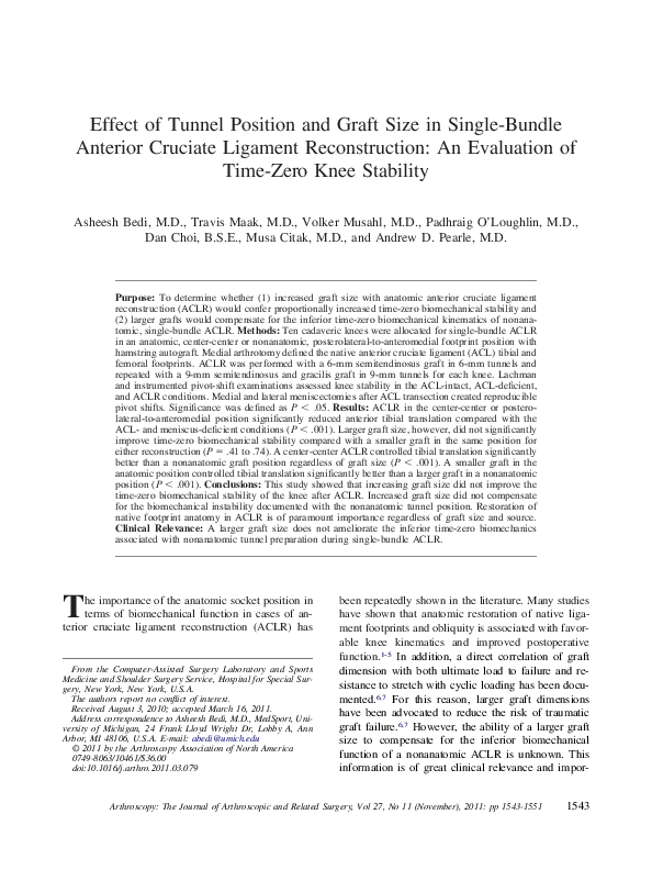 (PDF) Effect of Tunnel Position and Graft Size in Single-Bundle ...
