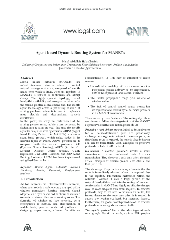 (PDF) Agent-based Dynamic Routing System for MANETs