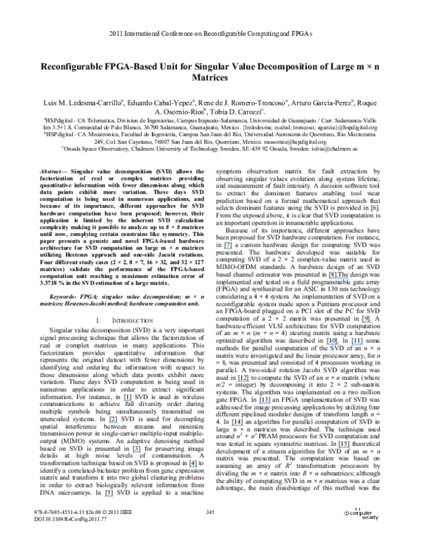 Pdf Reconfigurable Fpga Based Unit For Singular Value Decomposition