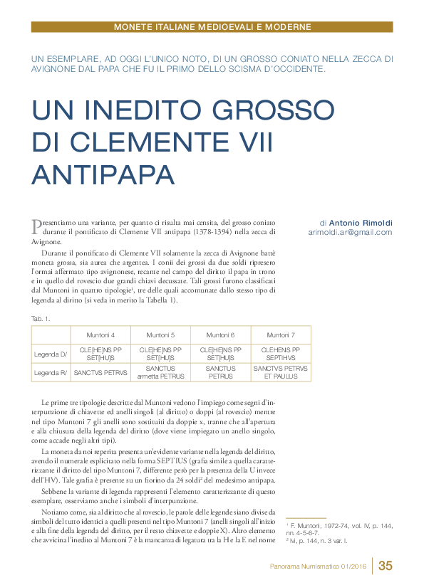 (PDF) Un inedito grosso di Clemente VII antipapa. In "Panorama ...