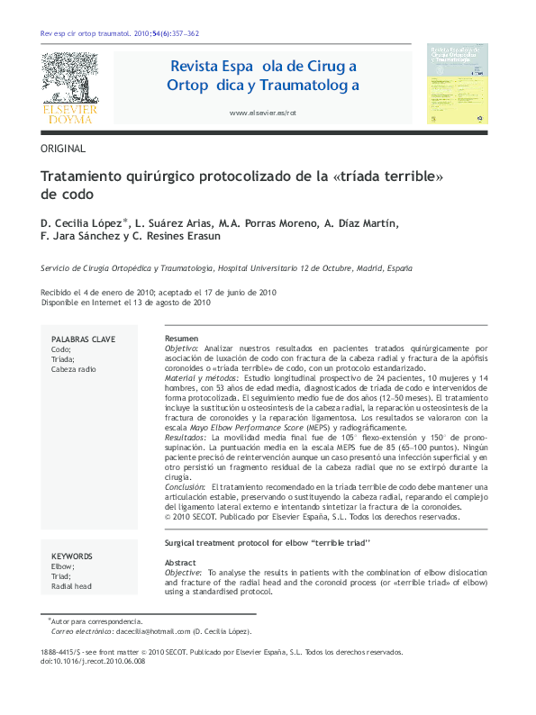 (PDF) Tratamiento quirúrgico protocolizado de la «tríada terrible» de codo
