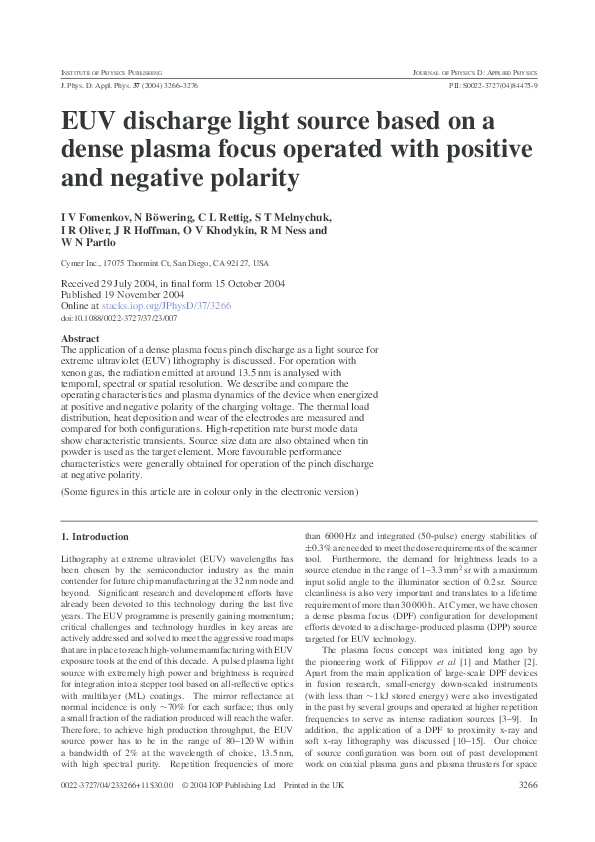 (PDF) EUV discharge light source based on a dense plasma focus operated ...