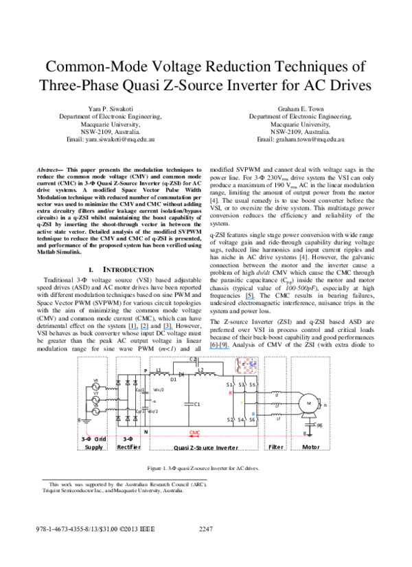 Pdf Common Mode Voltage Reduction Techniques Of Three Phase Quasi Z Source Inverter For Ac Drives