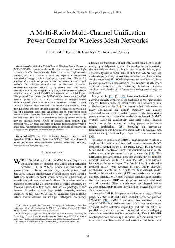 (PDF) A multi-radio multi-channel unification power control for wireless mesh networks