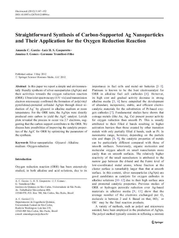 (PDF) Straightforward Synthesis of Carbon-Supported Ag Nanoparticles and Their Application for ...