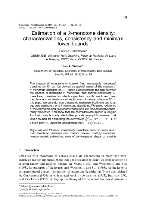(PDF) Estimation of a k -monotone density: characterizations, consistency and minimax lower bounds