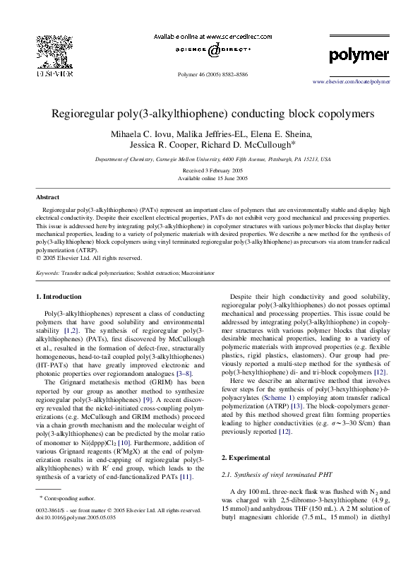 (PDF) Regioregular poly(3-alkylthiophene) conducting block copolymers