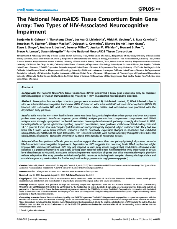 (PDF) The National NeuroAIDS Tissue Consortium brain gene array: two ...