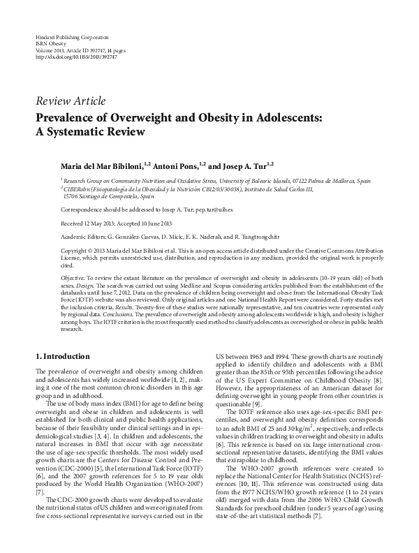 (PDF) Prevalence of Overweight and Obesity in Adolescents: A Systematic Review