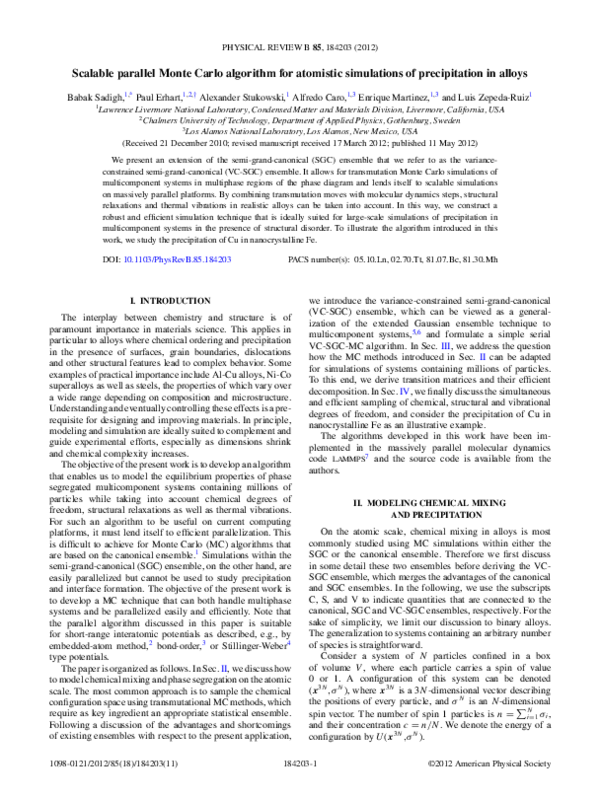 Pdf Scalable Parallel Monte Carlo Algorithm For Atomistic Simulations
