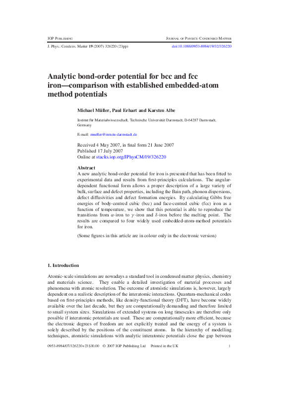 (PDF) Analytic bond-order potential for bcc and fcc iron—comparison with established embedded ...