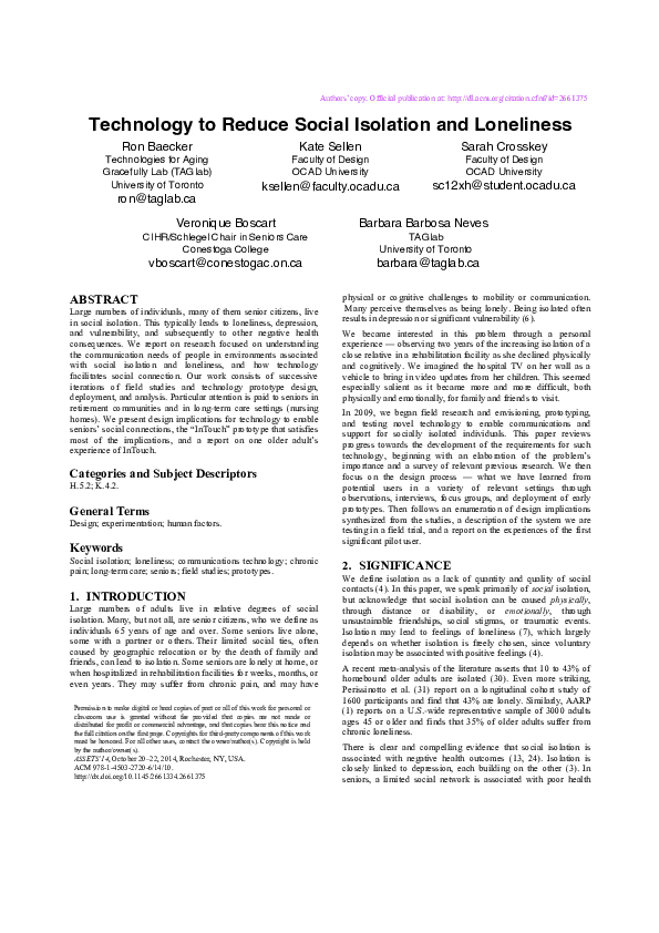 (PDF) Technology to reduce social isolation and loneliness