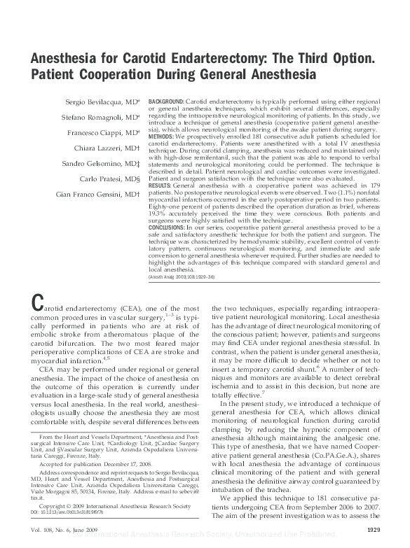(PDF) Anesthesia for Carotid Endarterectomy: The Third Option. Patient ...