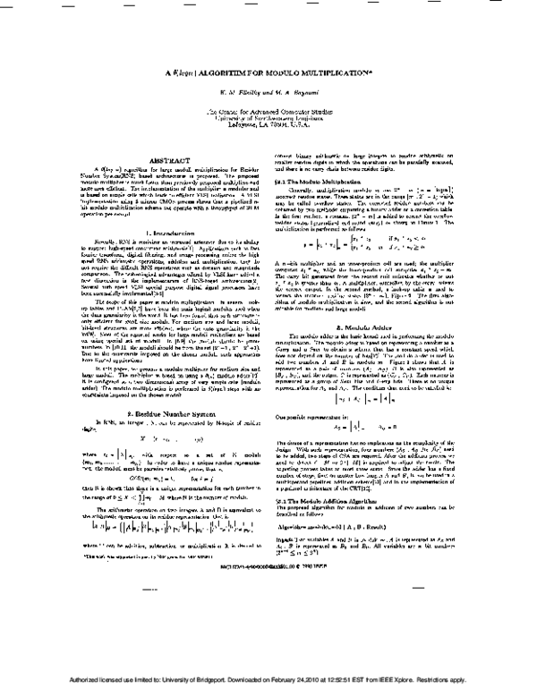 (PDF) A theta (log n) algorithm for modulo multiplication