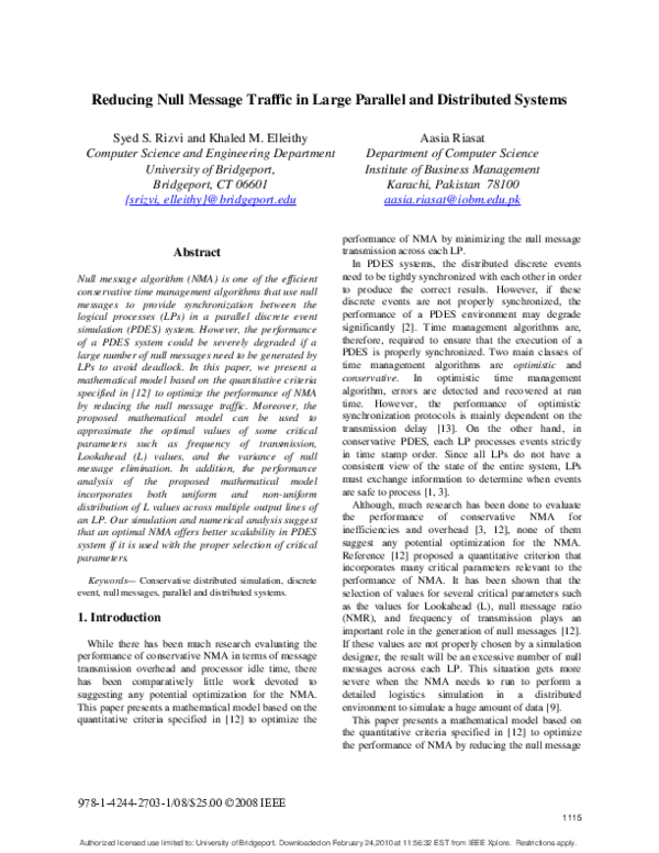 Pdf Reducing Null Message Traffic In Large Parallel And Distributed Systems