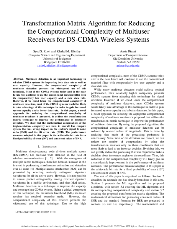 Pdf Transformation Matrix Algorithm For Reducing The Computational Complexity Of Multiuser