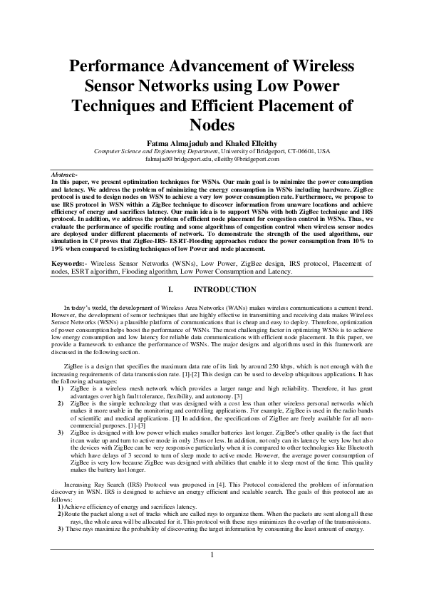 Pdf Performance Advancement Of Wireless Sensor Networks Using Low Power Techniques And