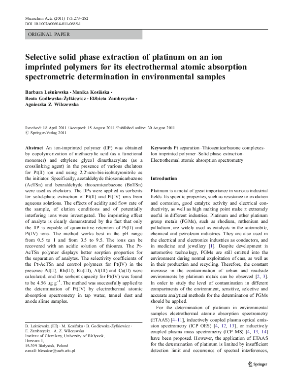 Selective solid phase extraction of platinum on an ion imprinted polymers for its electrothermal ...