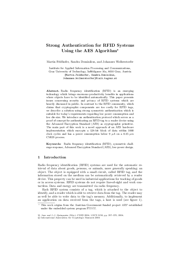 (PDF) Strong Authentication for RFID Systems Using the AES Algorithm