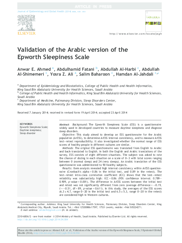 (PDF) Validation of the Arabic version of the Epworth Sleepiness Scale