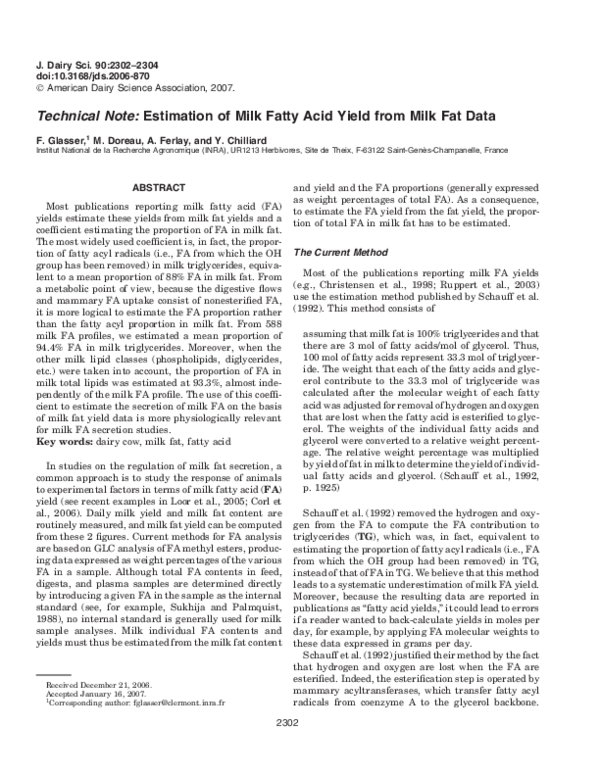 (PDF) Technical note: Estimation of milk fatty acid yield from milk fat data