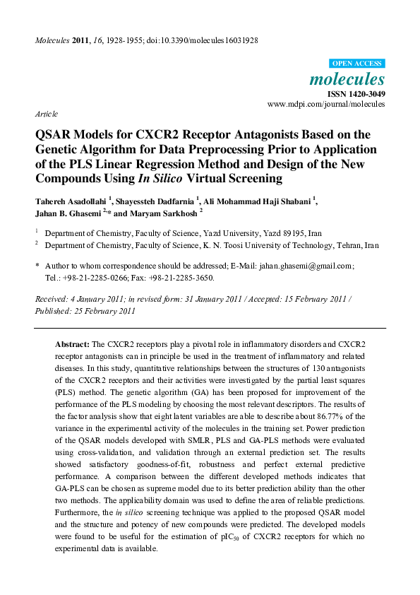 (PDF) QSAR Models for CXCR2 Receptor Antagonists Based on the Genetic Algorithm for Data ...