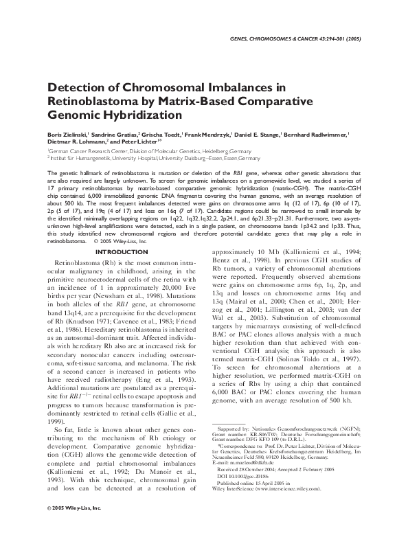 Pdf Detection Of Chromosomal Imbalances In Retinoblastoma By Matrix Based Comparative Genomic