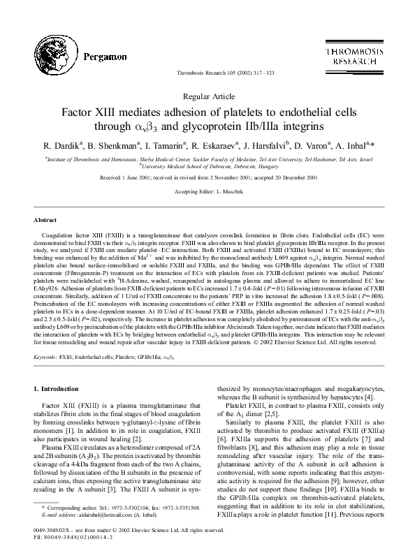 (PDF) Factor XIII mediates adhesion of platelets to endothelial cells ...