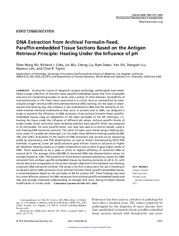 Pdf Dna Extraction From Archival Formalin Fixed Paraffin Embedded Tissues Heat Induced