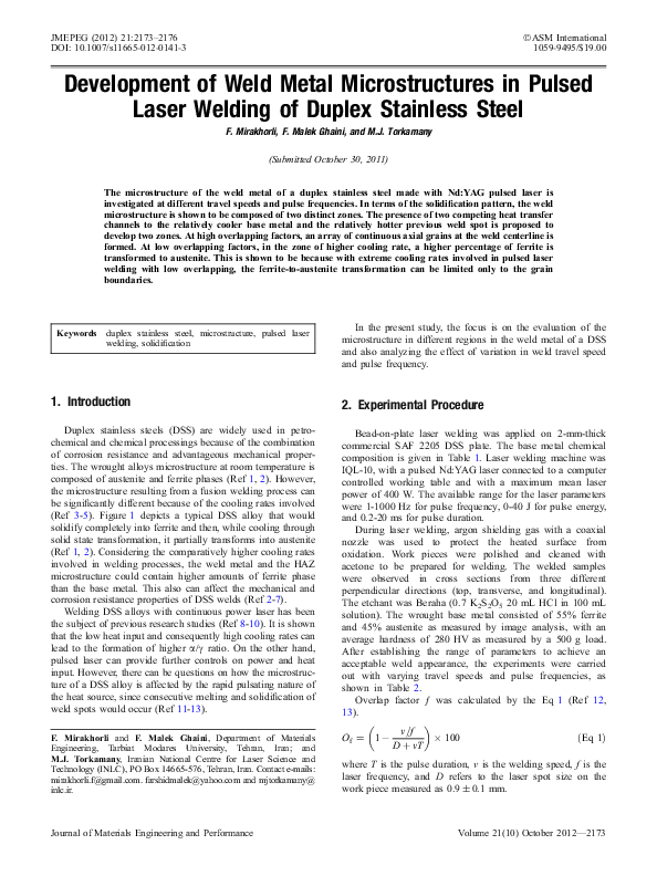 (PDF) Development of Weld Metal Microstructures in Pulsed Laser Welding of Duplex Stainless Steel
