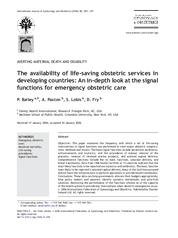 (PDF) The availability of life-saving obstetric services in developing ...