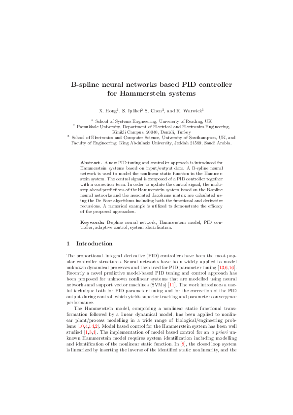 Pdf A Model Based Pid Controller For Hammerstein Systems Using B Spline Neural Networks