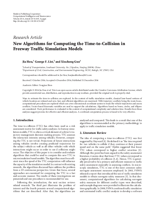 (PDF) New algorithms for computing the time-to-collision in freeway traffic simulation models
